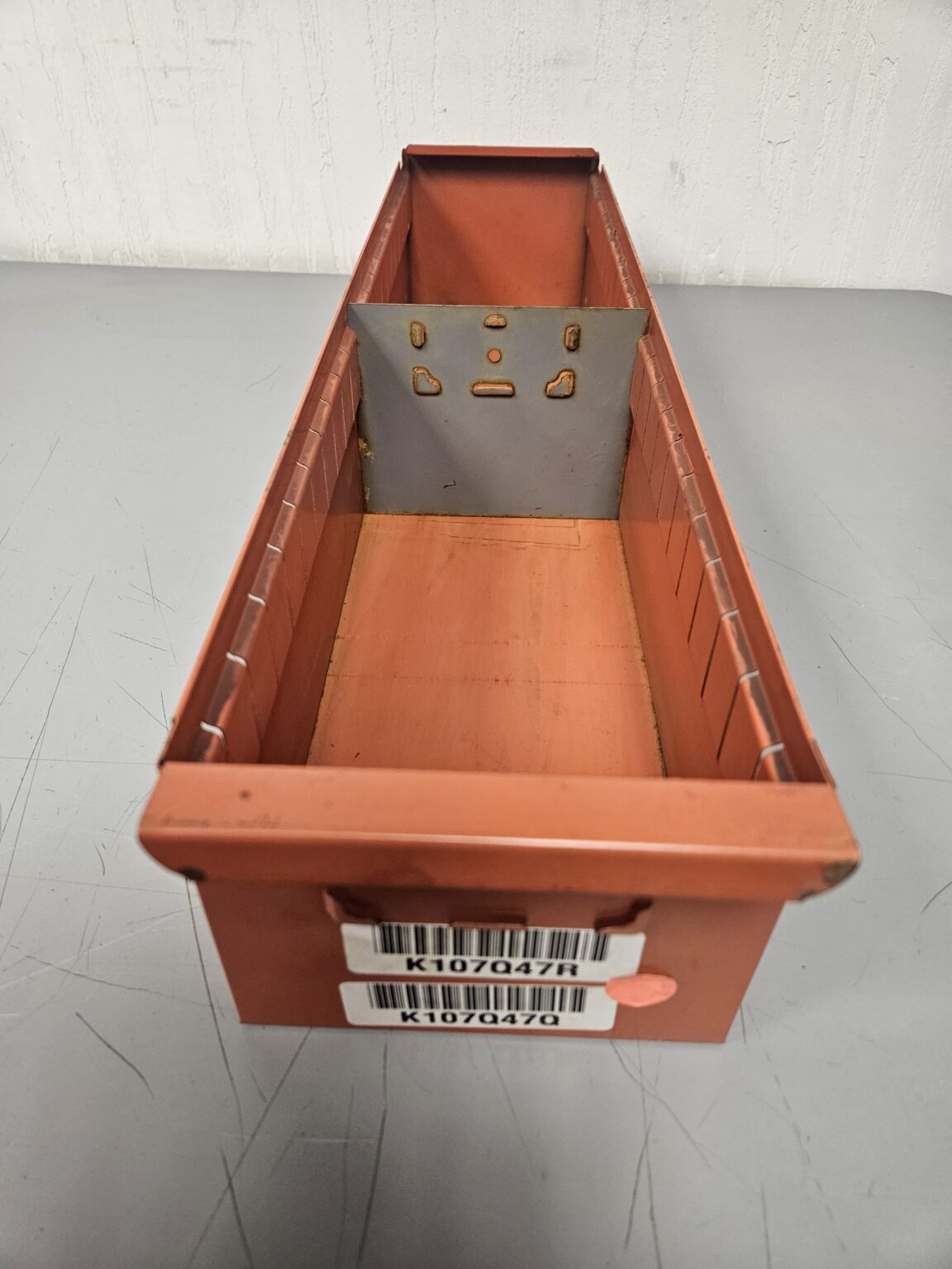 Steel 5-1/2"W x 23"L (4-1/2 Deep) Orange Parts Bins - Used - Welter Storage